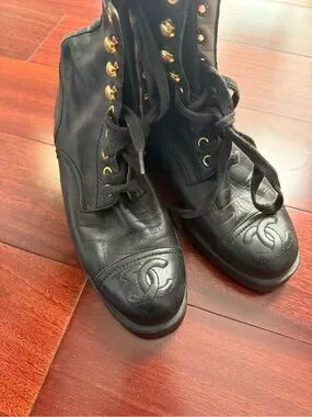 CHANEL | Shoes | Chanel Black Leather Laceup Logo Combat Boots With ...